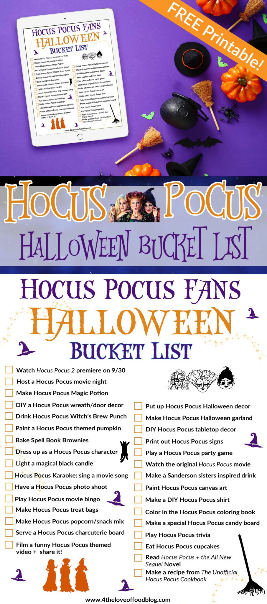 Hocus Pocus Fans Halloween Bucket List | Free Printable - For the Love ...