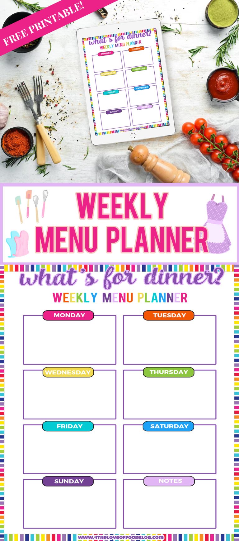What's For Dinner ? | Printable Weekly Menu Planner - For the Love of Food