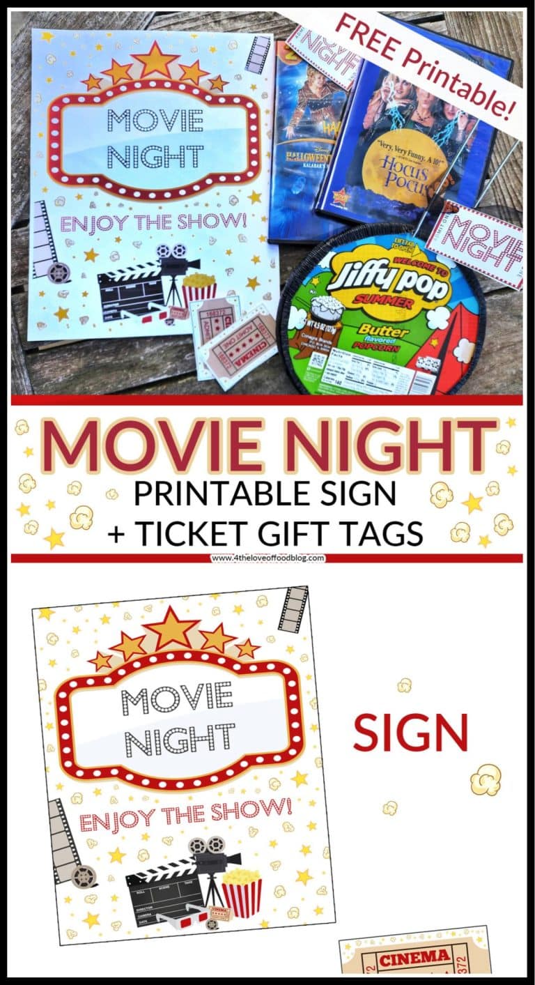 Movie Night Printable Sign and Ticket Gift Tags - For the Love of Food